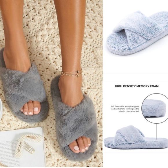Private Label | Shoes | New Fuzzy Criss Cross Bandblue White Slide ...